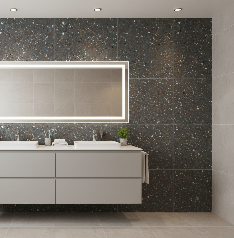 terrazzo tile bathroom nero celleno 60x60cm — TILEJOB.CO.UK